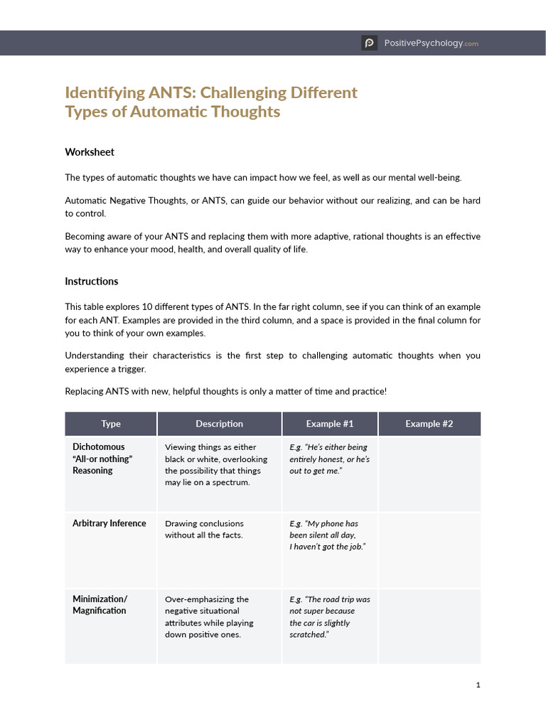 Identifying ANTS Challenging Different Types of Automatic Thoughts | PDF | Thought | Reason