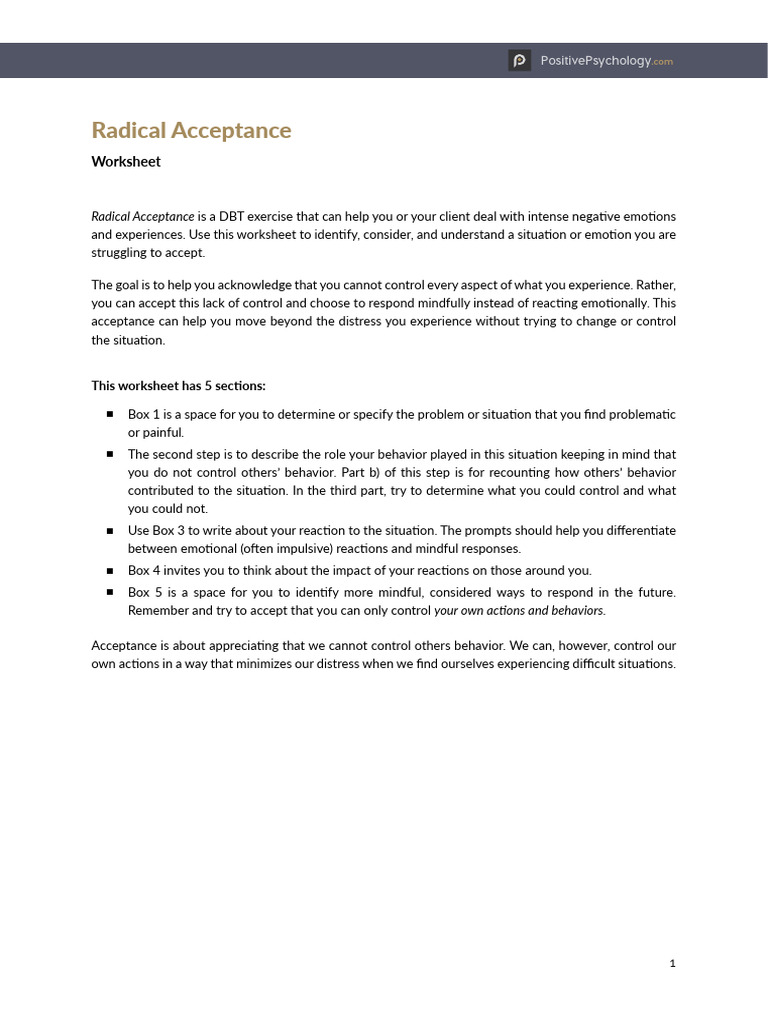 Radical Acceptance (DBT) Worksheet | PDF | Dialectical Behavior Therapy | Metaphysics Of Mind