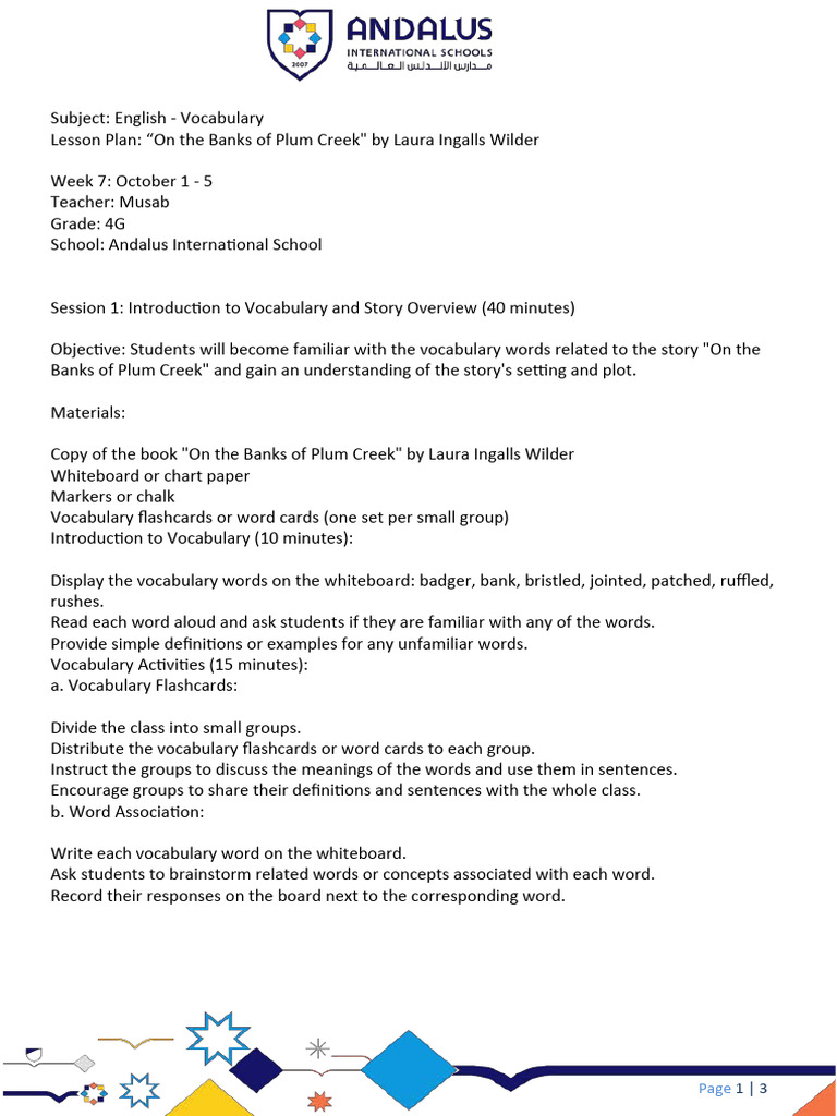 Vocabulary-On The Banks of Plum Creek Lesson Plan | PDF | Vocabulary ...