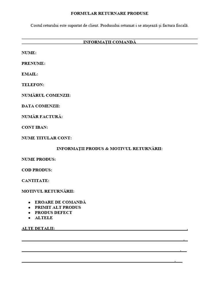 Formular Returnare Produse | PDF