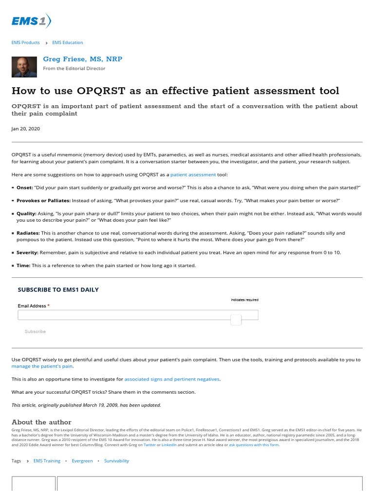 OPQRST - How To Use OPQRST For Patient Pain Assessment | PDF