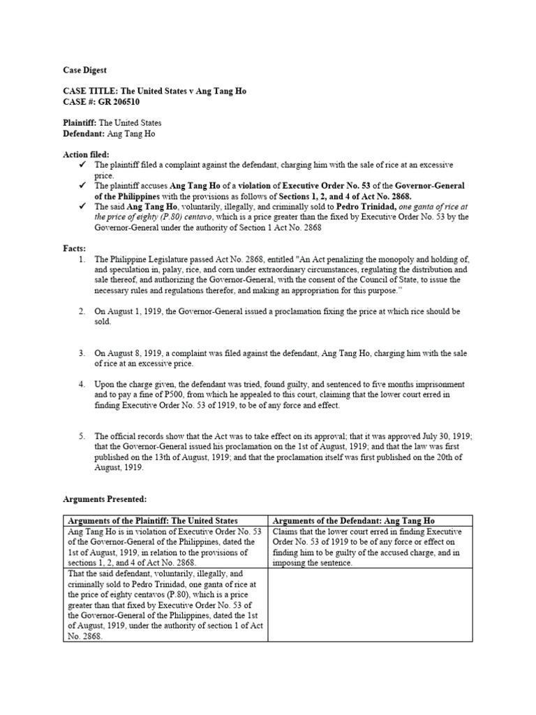 Case Digest 8 US V Ang Tang Ho NIK | PDF