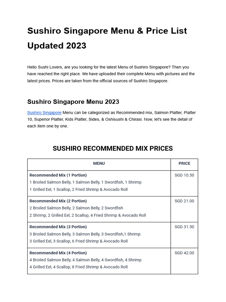 Sushiro Singapore Menu & Prices 2023 | PDF