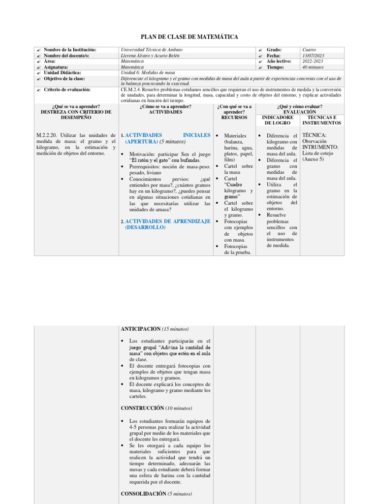 Plan de clase matemática | PDF
