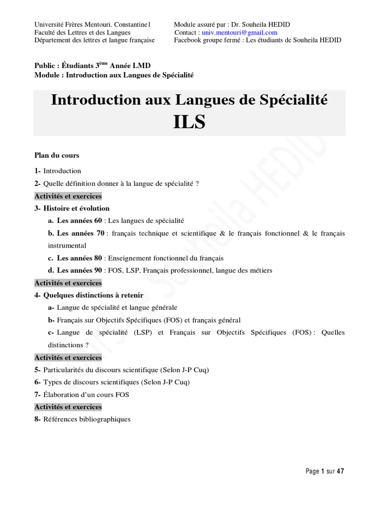 Les Langues de Specialite LSP S Heddid | PDF