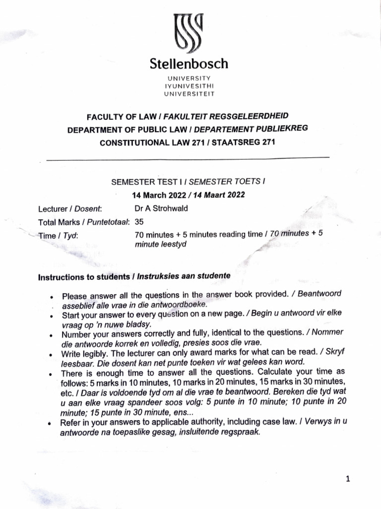Constitutional Law Semester Test 2022 | PDF