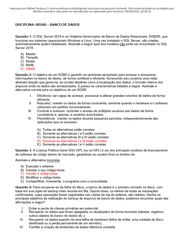 Prova Banco de Dados Ads Unip 2022 | PDF | Juegos y actividades | Informática