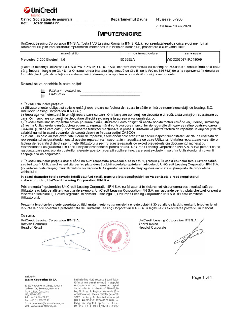 Contract 30091490 Formular Cerere Imputernicire Reprezentare in Caz de ...
