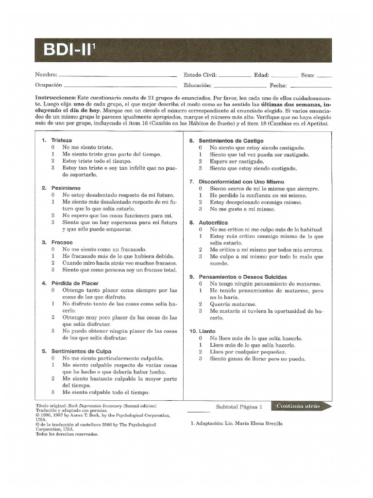Cuadernillo Inventario de Depresión de Beck BDI-II | PDF
