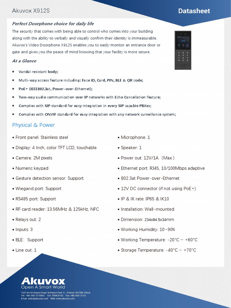 Akuvox X912S Datasheet V2.0 | PDF | Business | Computers