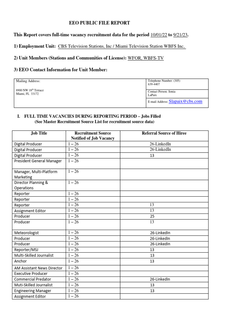 WFOR-TV EEO Public File Report - 10-1-2022 To 9-21-23 | PDF