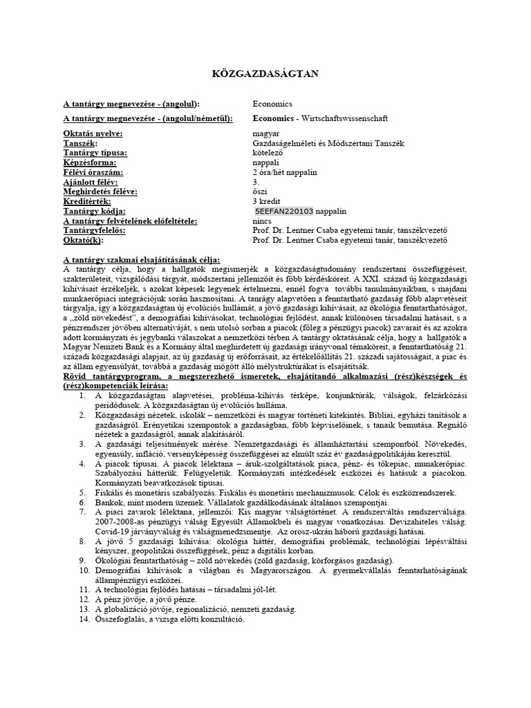 MIKROKÖZGAZDASÁGTAN 2023 Nappali GESZK Tematika | PDF