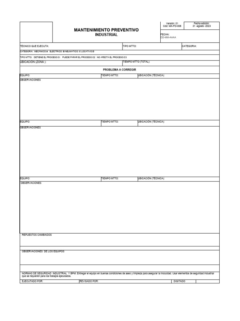Ma-Fo-009 Formato Mtto Preventivo | PDF