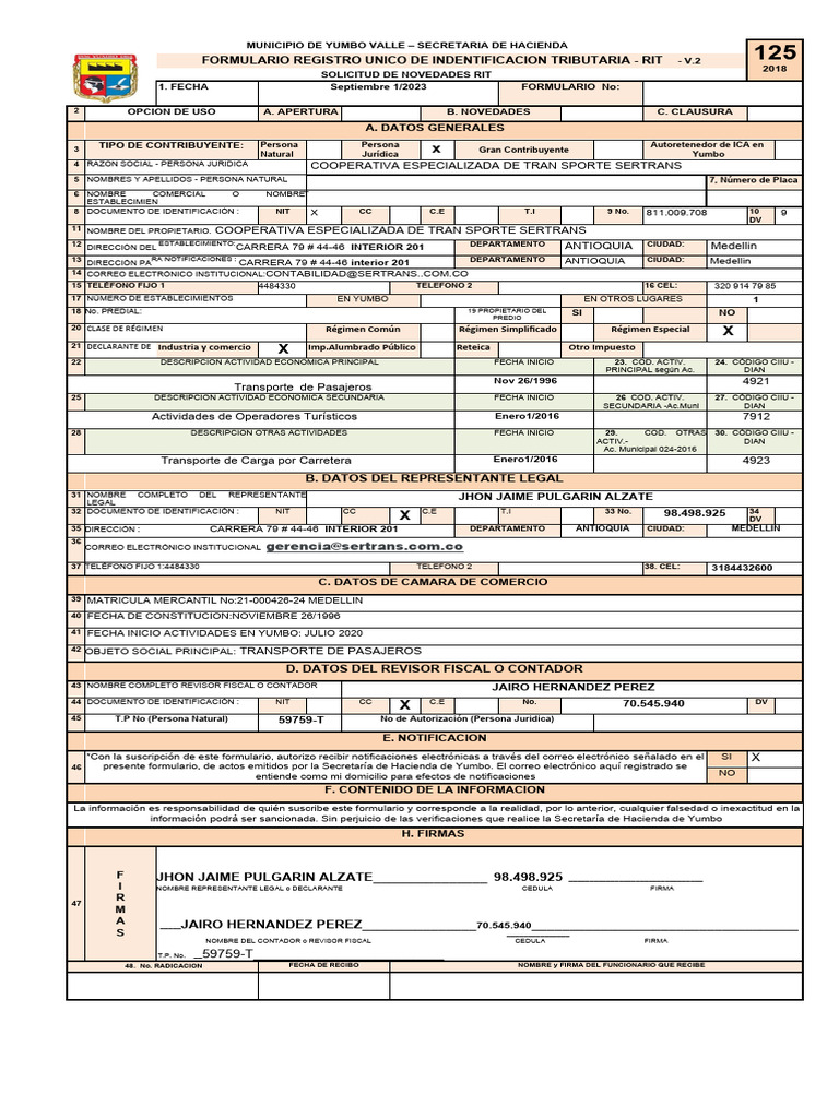 Formulario 125 - Inscripcion Rit 2018-Yumbo | PDF | Economias