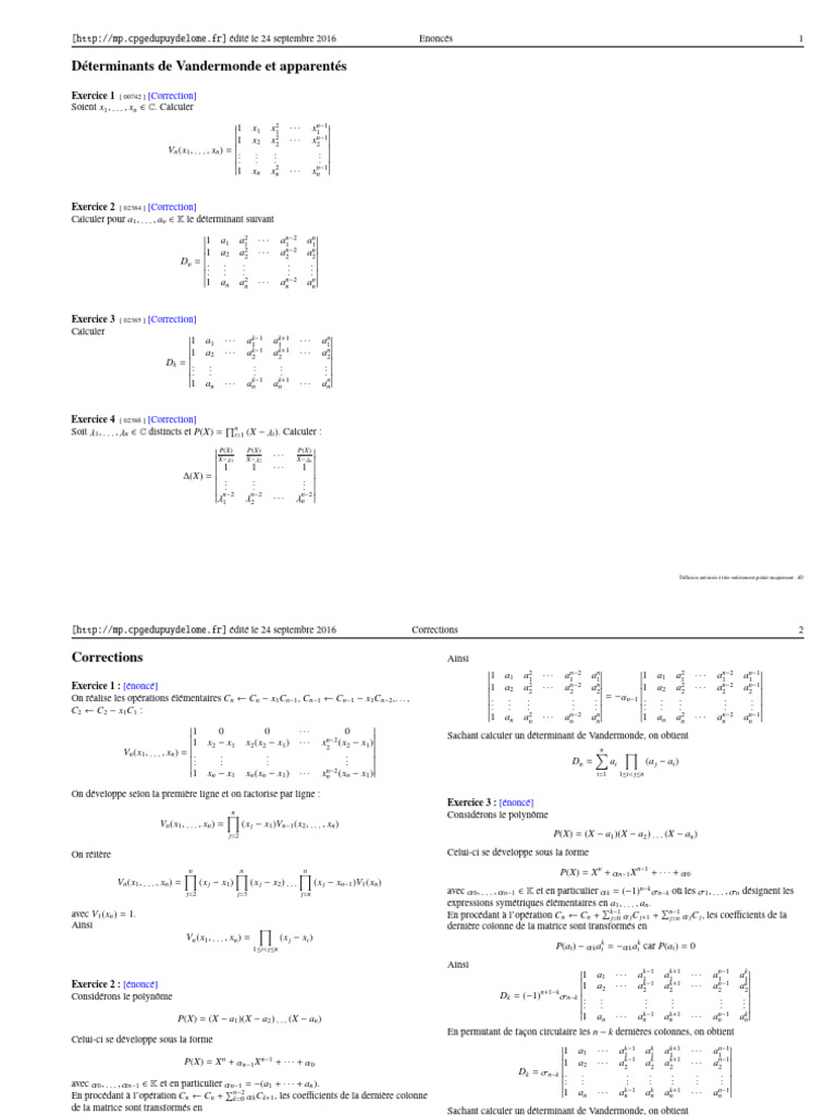 TD Corrigé - Déterminants de Vandermonde Et Apparentés | PDF