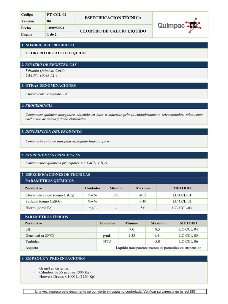 PT CCL 02 Cloruro de Calcio Liquido | PDF | Átomos | Compuestos químicos