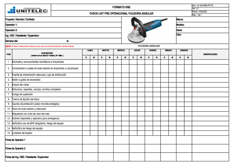 UNI-SGS-FO-79 Check List de Inspección Pulidora Angular Ver. 01 | PDF