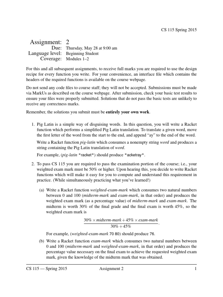 Racket Functions for CS 115 Assignment | PDF