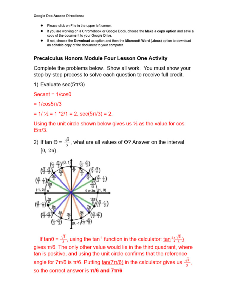 Precalculus Honors Module Four Lesson One Activity | PDF