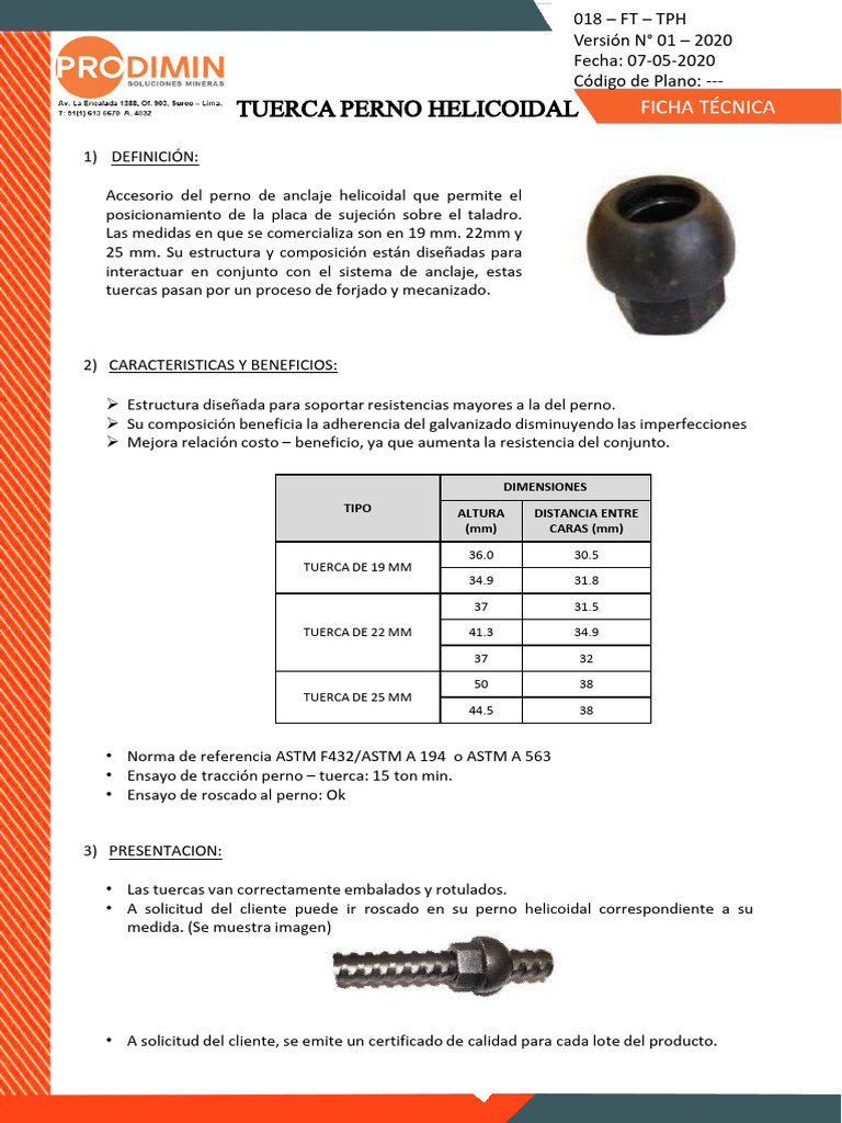 Ficha Tecnica_TUERCA PERNO HELICOIDAL | PDF