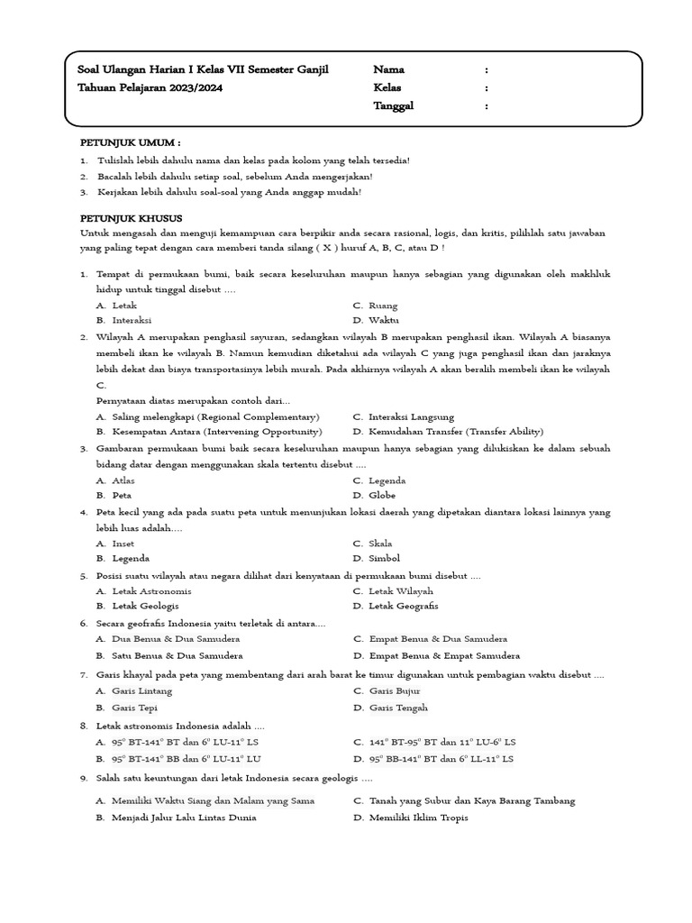Soal Uh 1 Kelas Vii SMT Ganjil | PDF