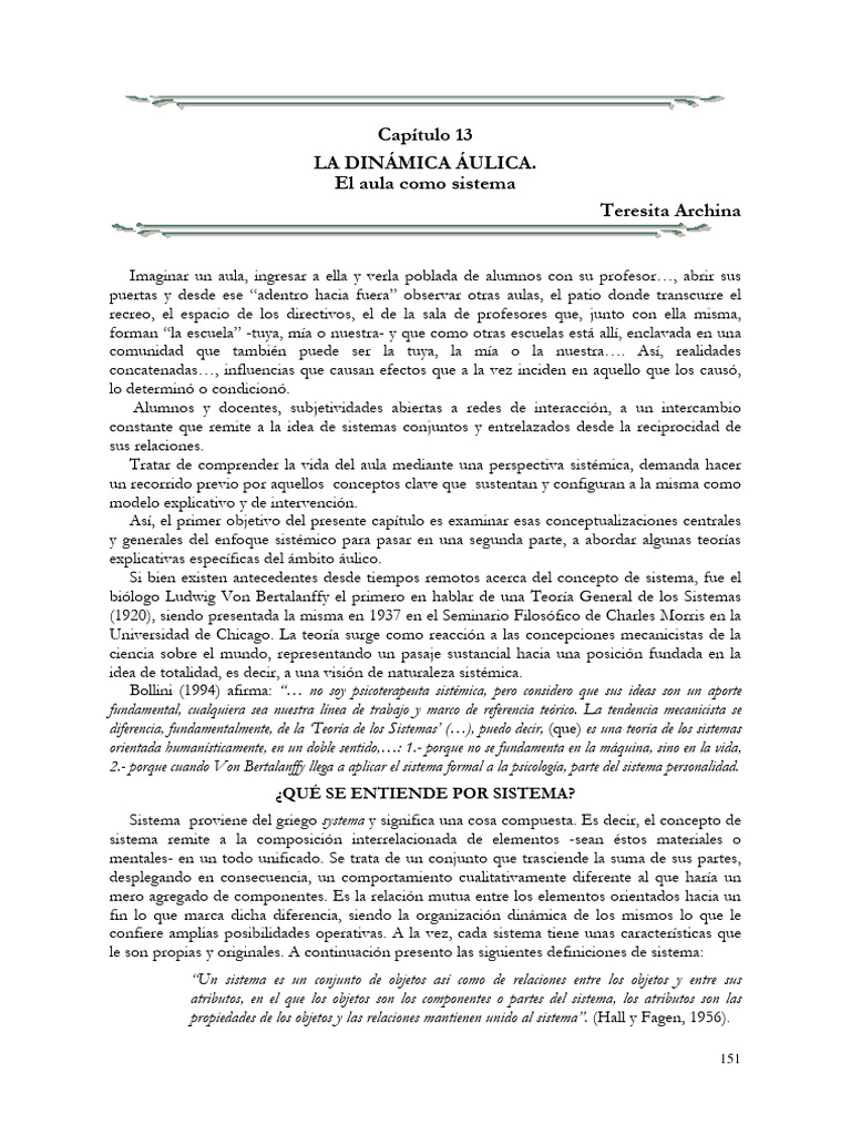 Archina La Dinámica Aulica. El Aula Como Sistema | PDF