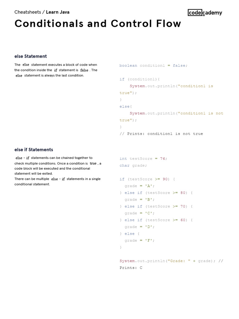 Learn Java Conditionals And Control Flow Cheatsheet Codecademy Pdf 