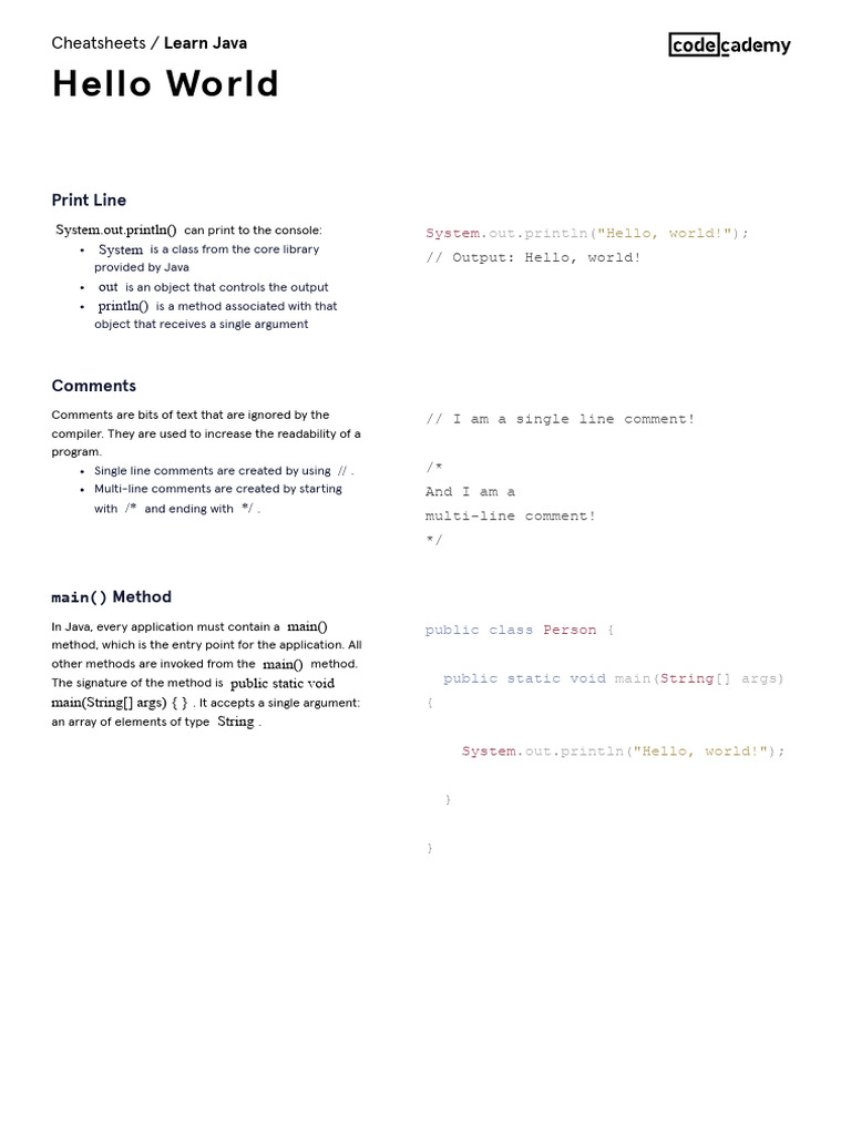 Learn Java Hello World Cheatsheet Codecademy Pdf