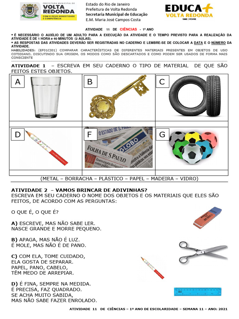 atividade 11 de ciências - 1º ano | PDF