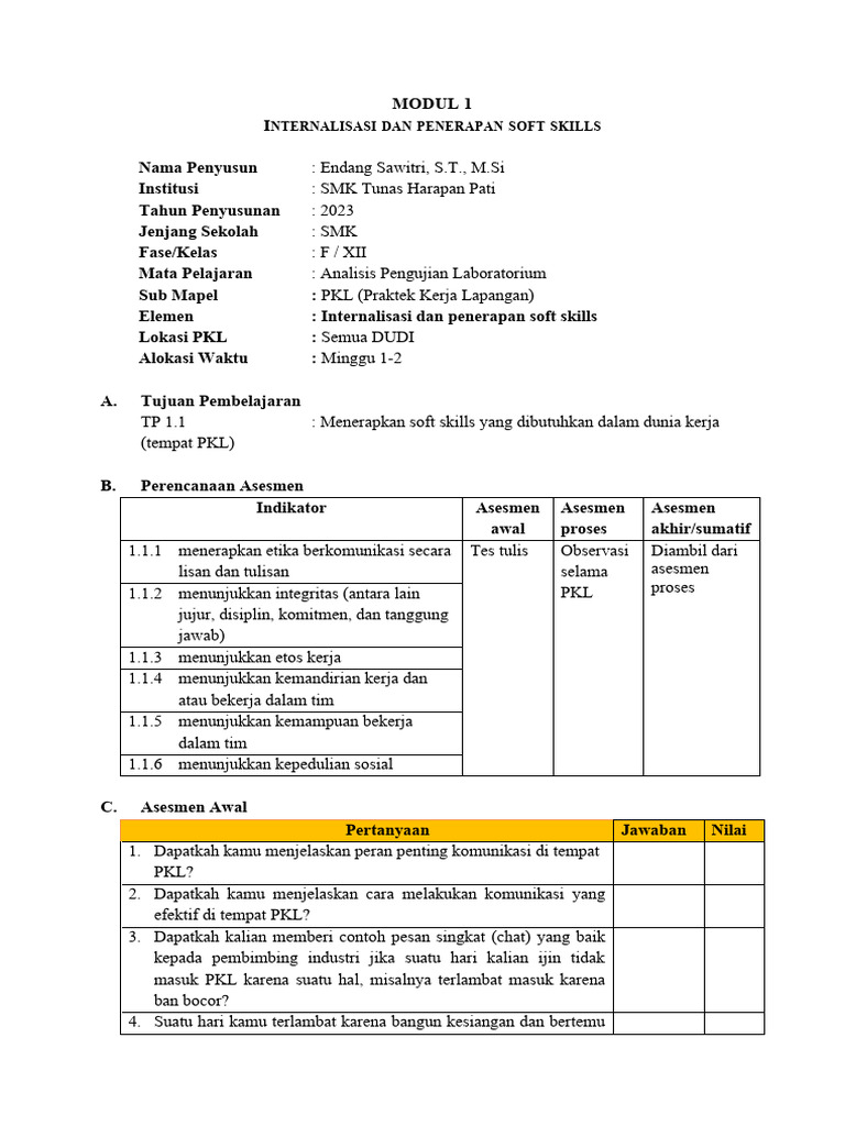 1 Modul PKL Elemen 1 Softskill Apl Ok | PDF | Karier & Perkembangan | Seni