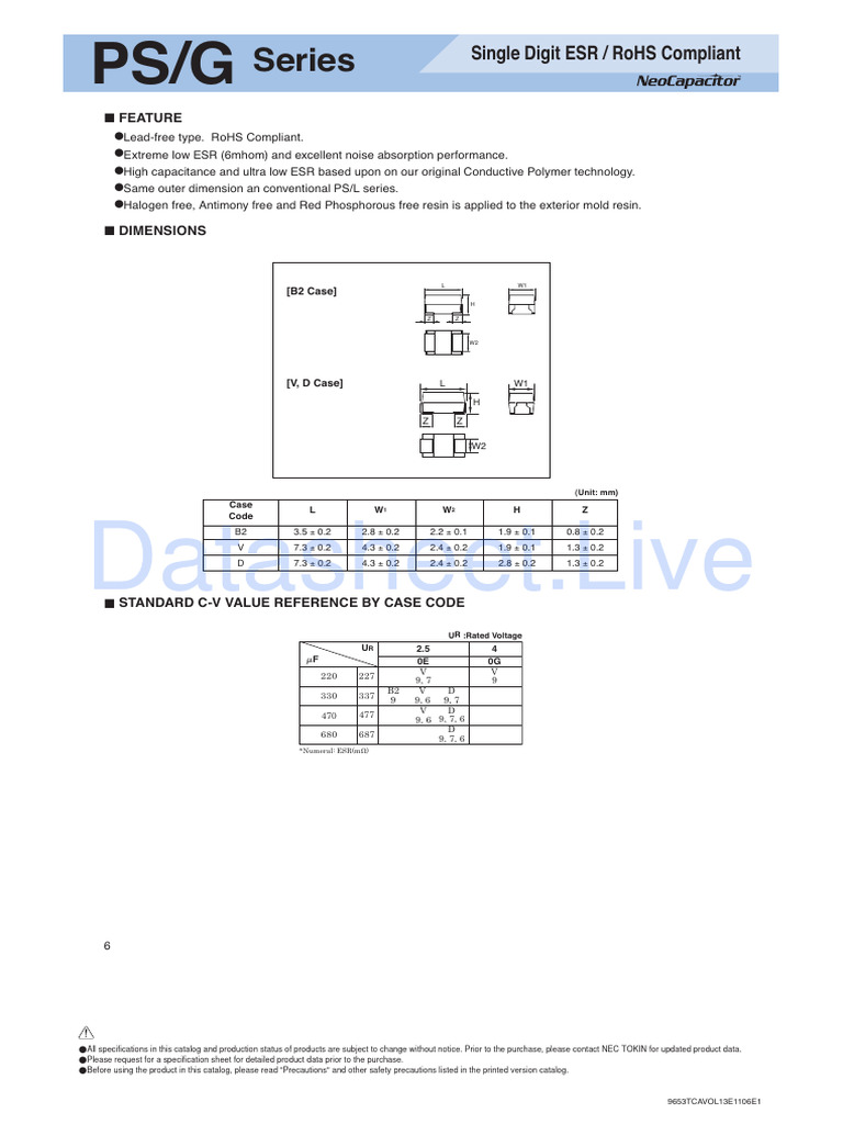NEC Tokin PS/G Series Datasheet | PDF