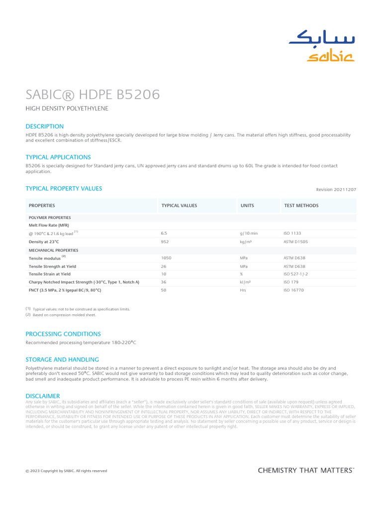 SABIC® HDPE_B5206_Global_Technical_Data_Sheet (1) | PDF