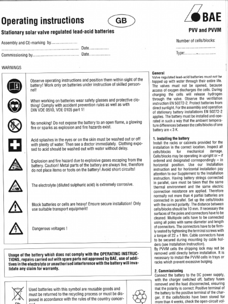 BAE Batteries PVV PVVM Operating Instructions | PDF