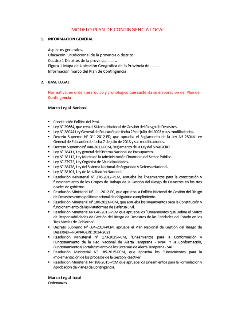 Plan de Contingencia Modelo | PDF | Defensa Civil | Regulación