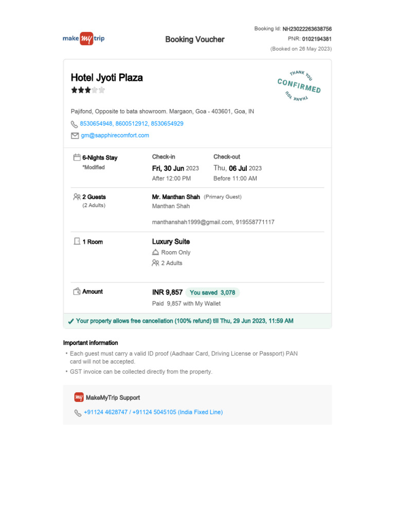 Hotel Jyoti Plaza: Booking Voucher | PDF