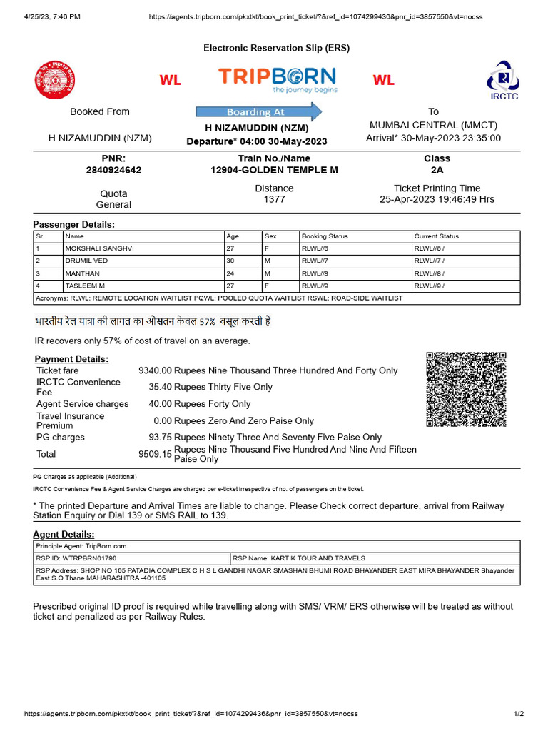 H Nizamuddin (NZM) Departure 04:00 30-May-2023 PNR: 2840924642 Train No./Name 12904-Golden ...