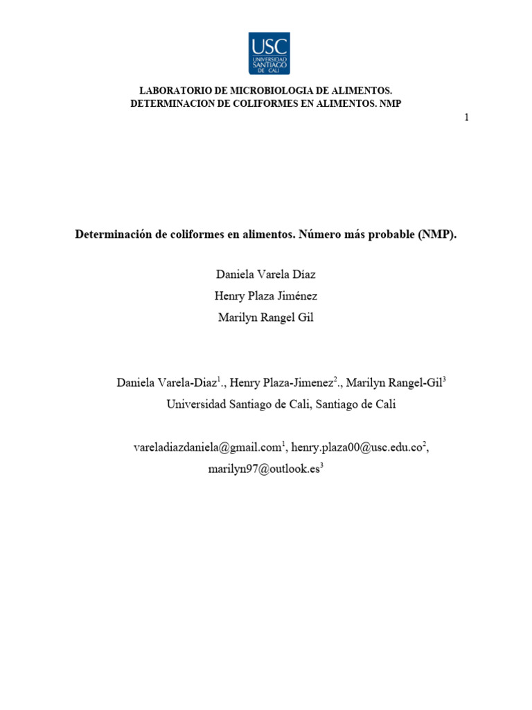 Determinacion de Coliformes en Alimentos. Numero Mas Probable | PDF