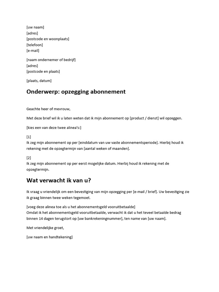 voorbeeldbrief---abonnement-opzeggen | PDF