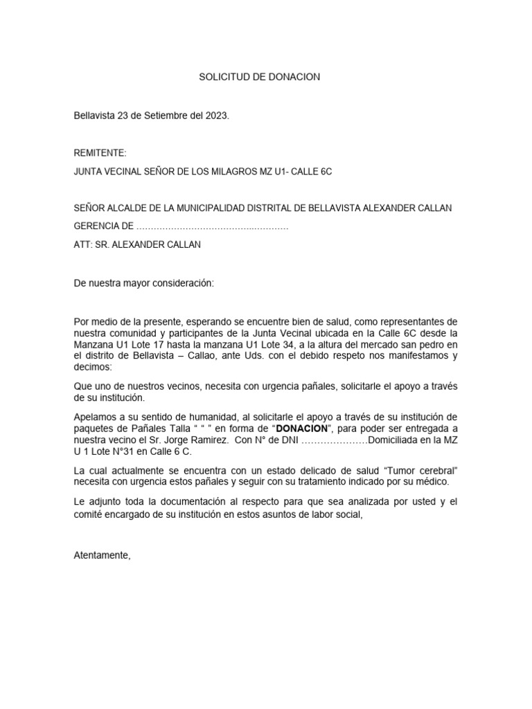 Solicitud de donacion-MZ U1-31 Junta Vecinal | PDF