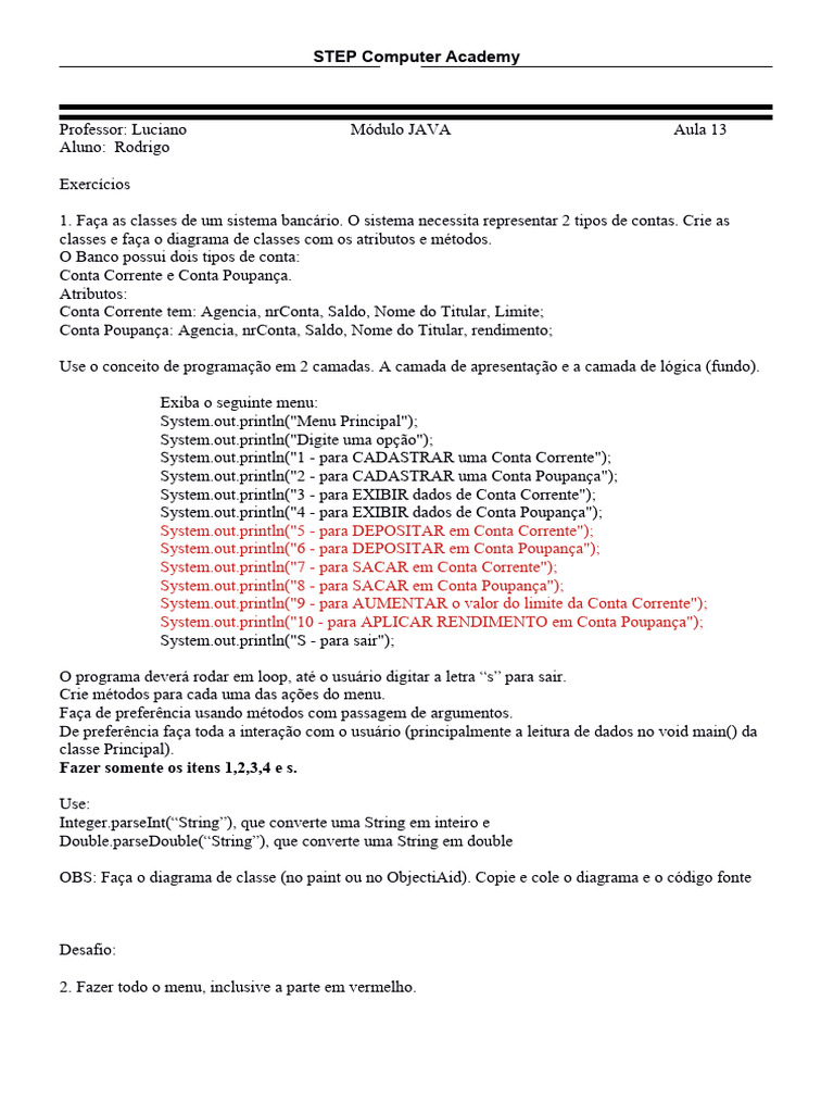 Java Aula 17 E 18 Exercícios Banco Basico V2 Herança Pdf Conta