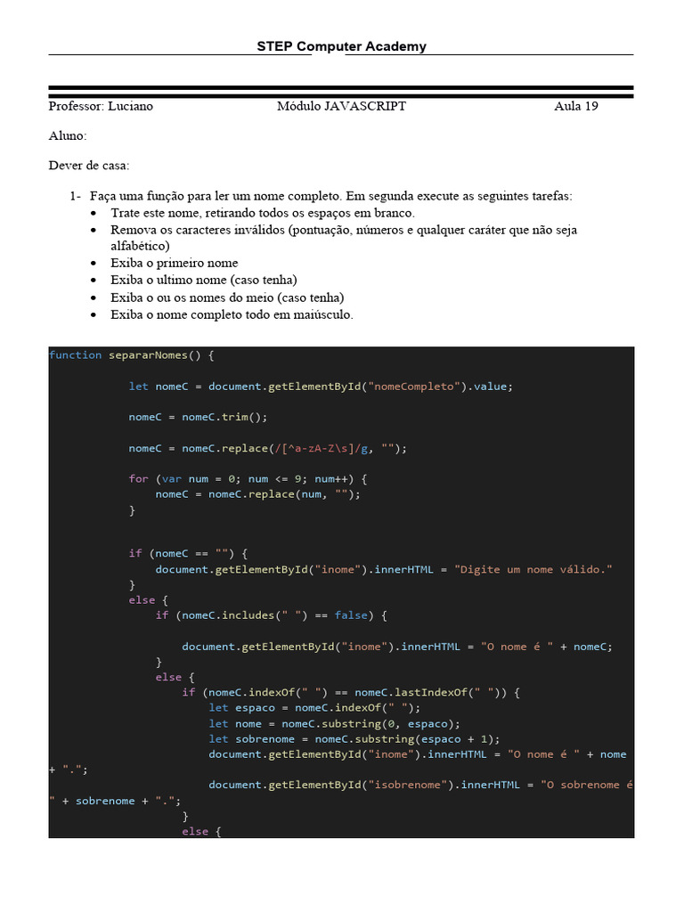 Aula 19 Javascript Exercícios Formulario Com Manipulação De String Pdf Informática 
