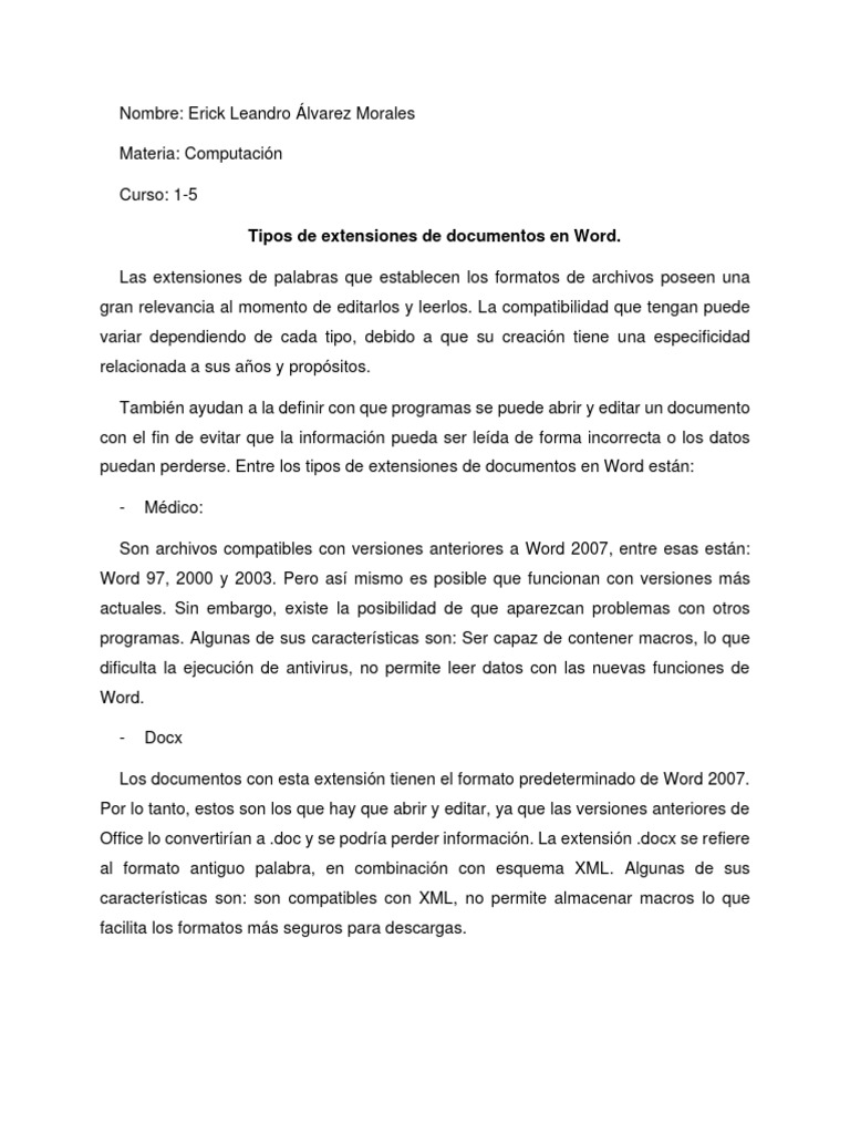 Tipos de Extensiones de Documentos en Word-Erick Alvarez | PDF ...