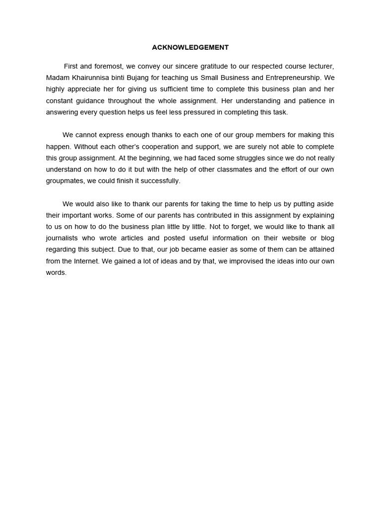 Acknowledgement & Purpose of Preparing The Business Plan-Fat | PDF ...