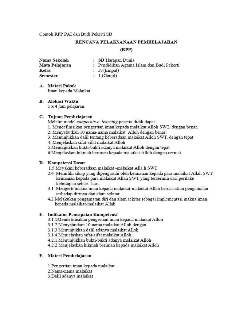 PEER TEACHING Contoh RPP PAI SD - 2013 | PDF