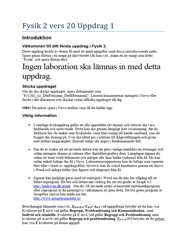 Fysik 2 Vers 20 Uppdrag 1 | PDF