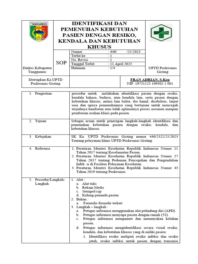 Sop Identifikasi Dan Pemenuhan Kebutuhan Pasien | PDF | Pengembangan Diri