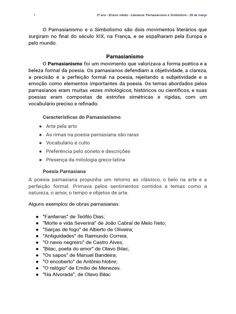 Parnasianismo e Simbolismo na Literatura | PDF | Simbolismo (artes ...