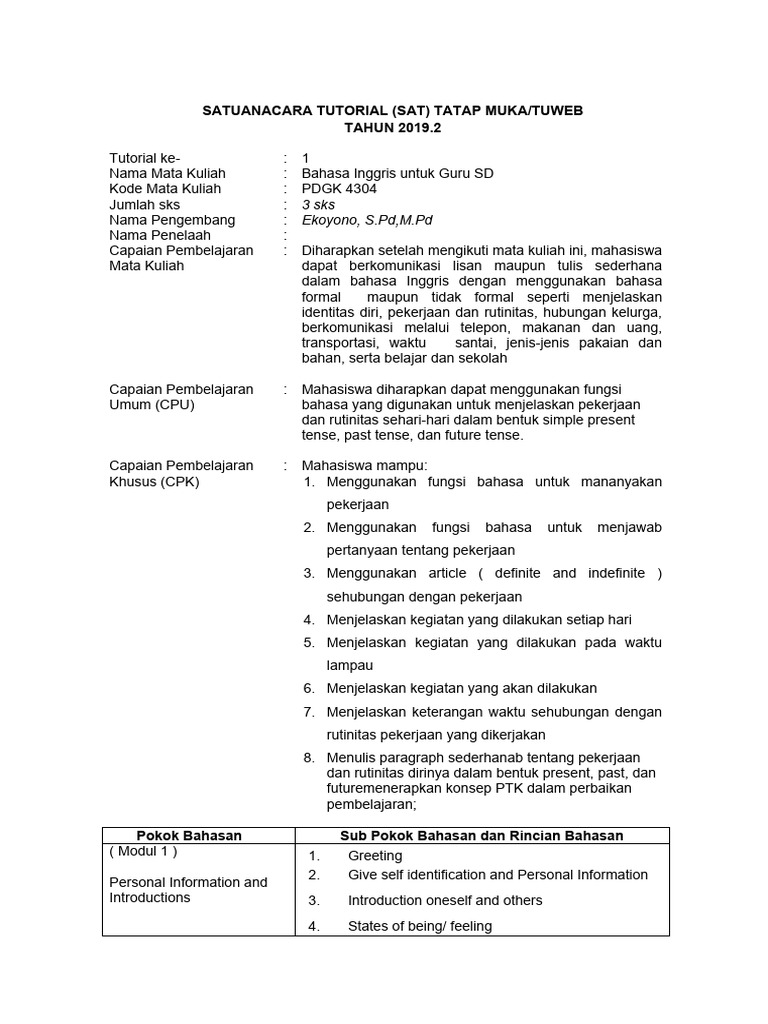 Satuanacara Tutorial (Sat) Tatap Muka/Tuweb TAHUN 2019.2 | PDF