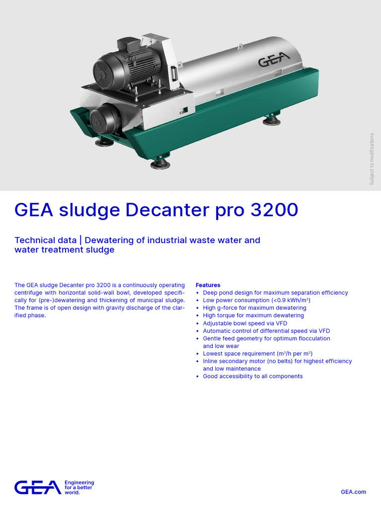 Datasheet - Decanter Centrífugo Pro 3200 (GEA) | PDF
