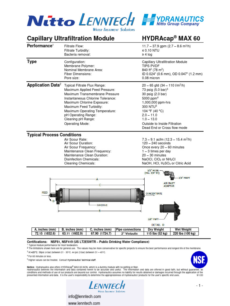 Datasheet - Membrana Ultrafiltração HYDRAcap MAX 60 (Hydranautics) | PDF